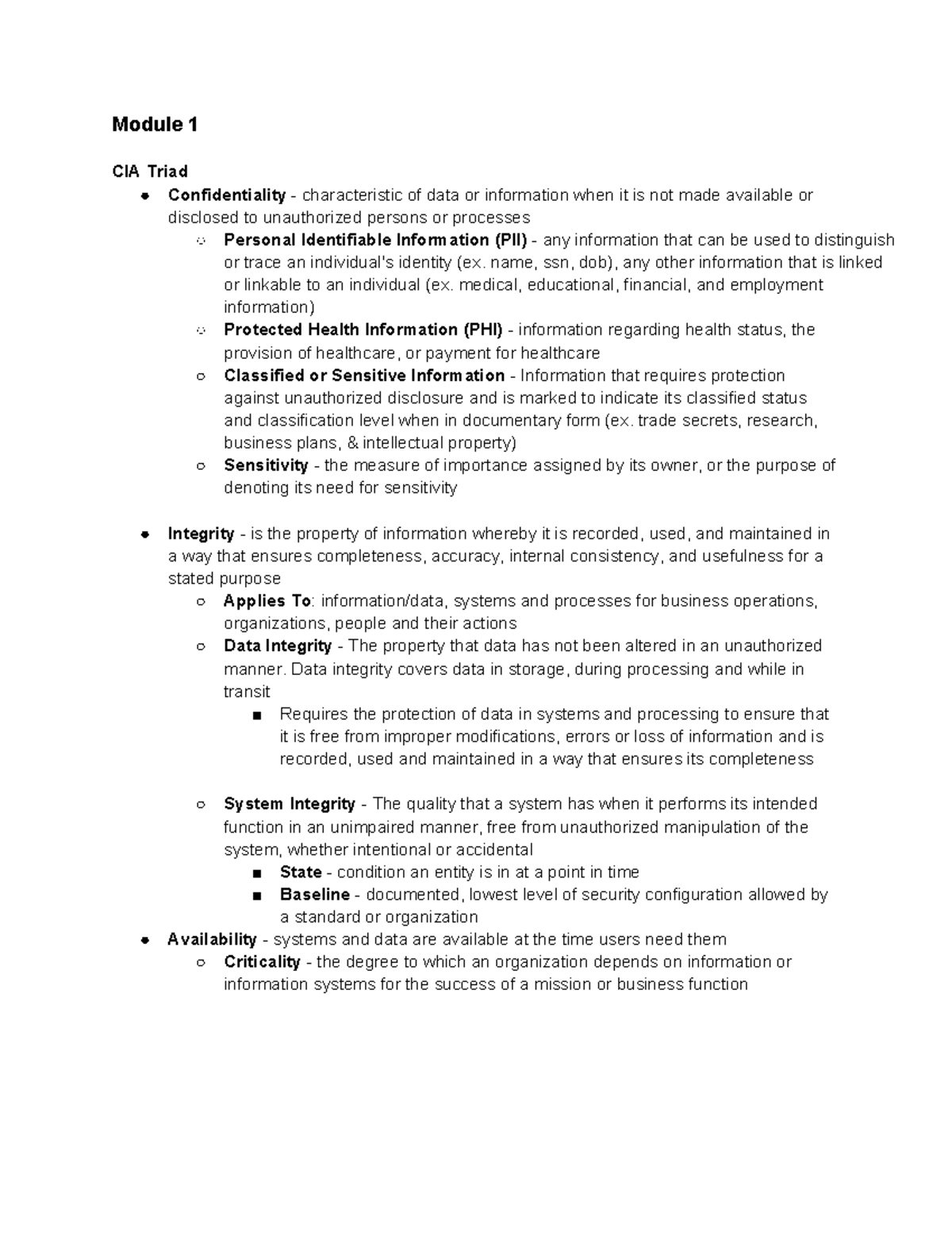 CC Chapter 1 - bas - Module 1 CIA Triad Confidentiality - characteristic of data or information ...
