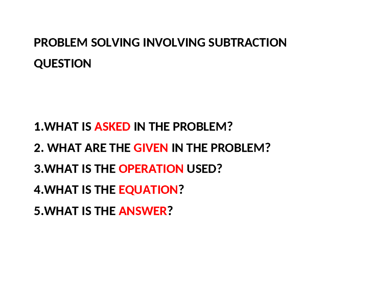 Problem Solving Involving Subtraction - Education - PROBLEM SOLVING ...