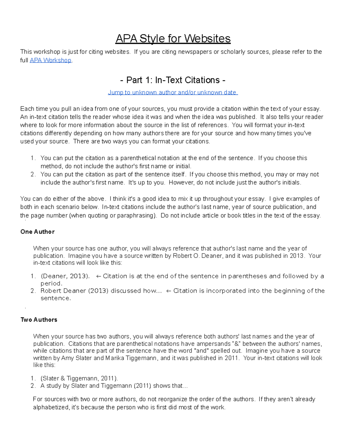 APA Style for Websites - apa - APA Style for Websites This workshop is ...