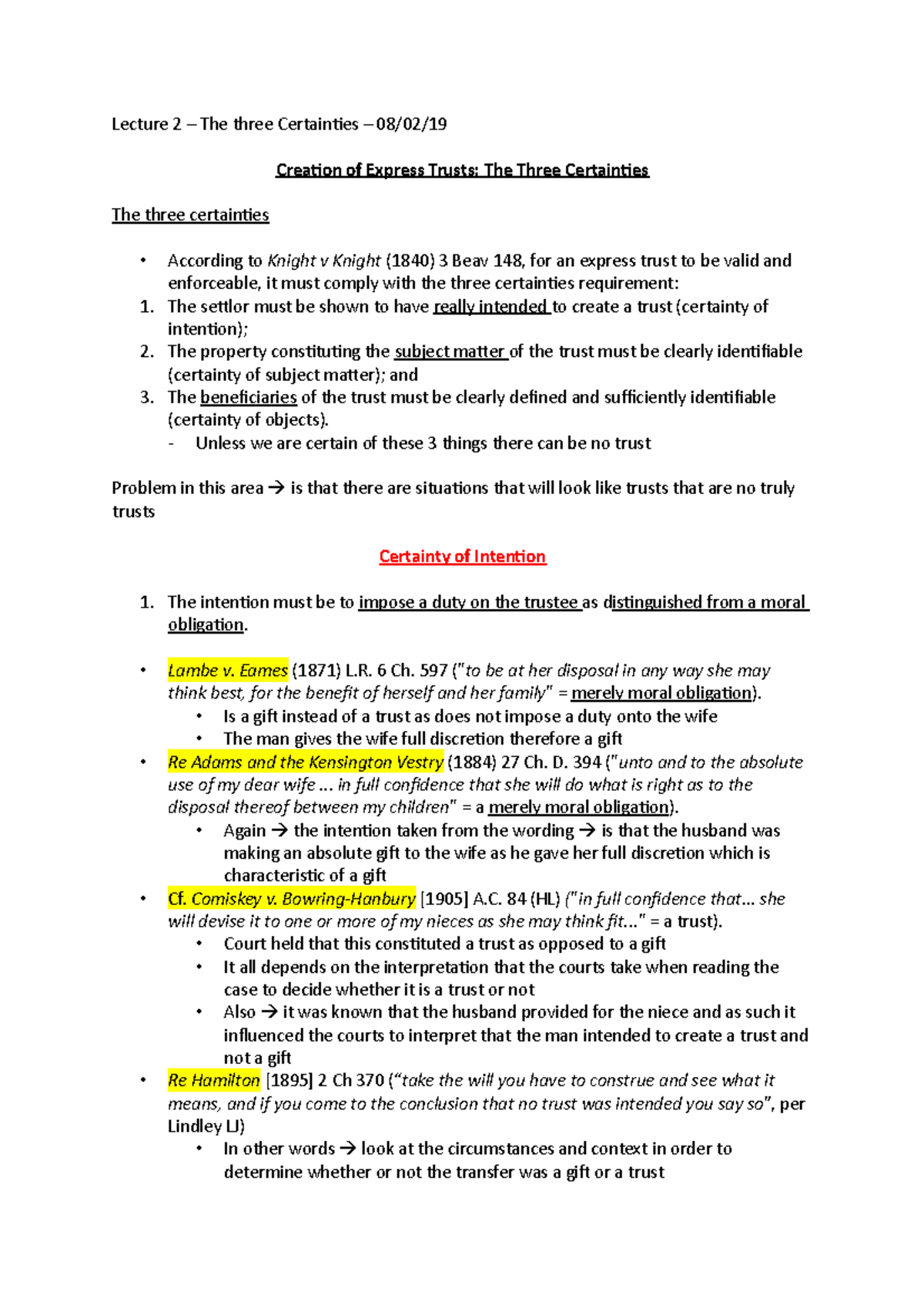 Lecture 2 - Equity and trusts - Lecture 2 – The three Certainties – 08/02/ Creation of Express ...