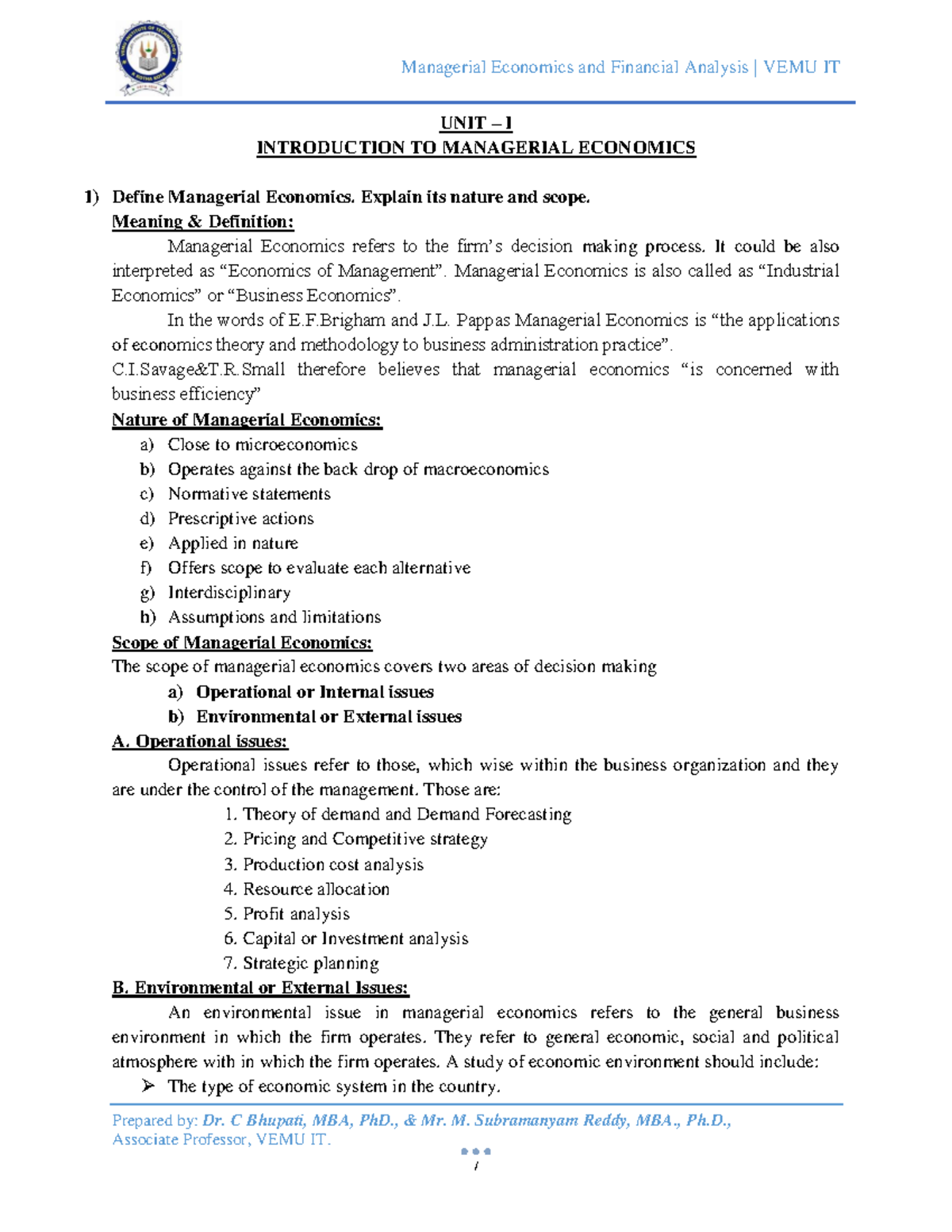 MEFA Full Material final - Prepared by: Dr. C Bhupati, MBA, PhD., & Mr ...