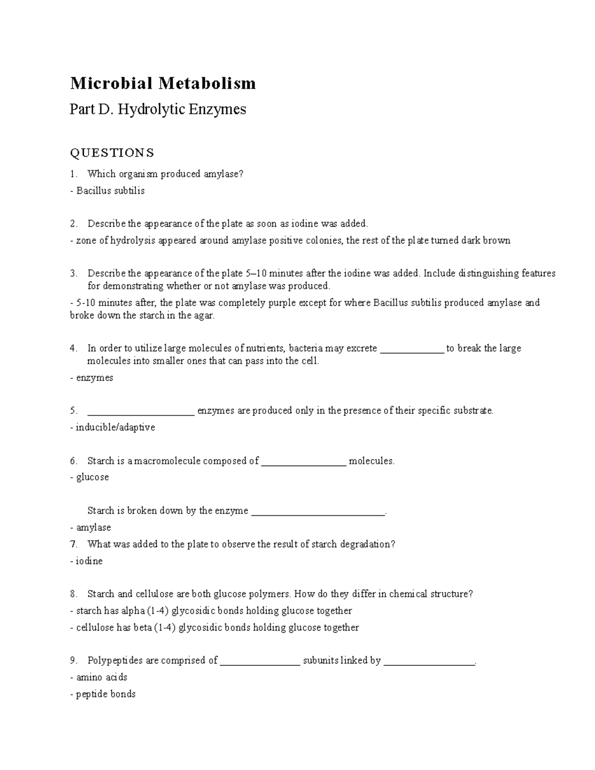Metabolism Hydrolytic Enzymes Worksheet without cellulase - Microbial ...