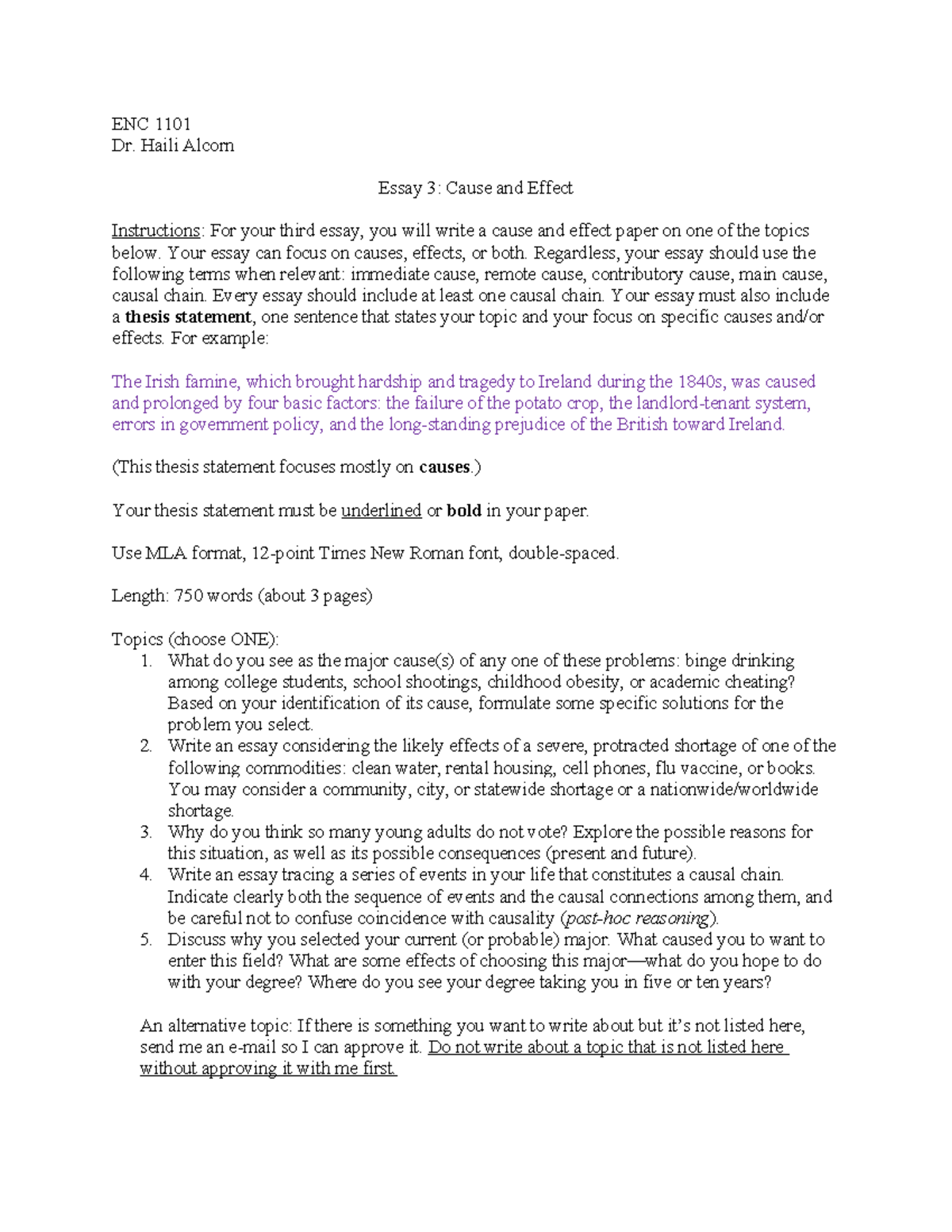 Essay 3Causeand Effect - ENC 1101 Dr. Haili Alcorn Essay 3: Cause and ...
