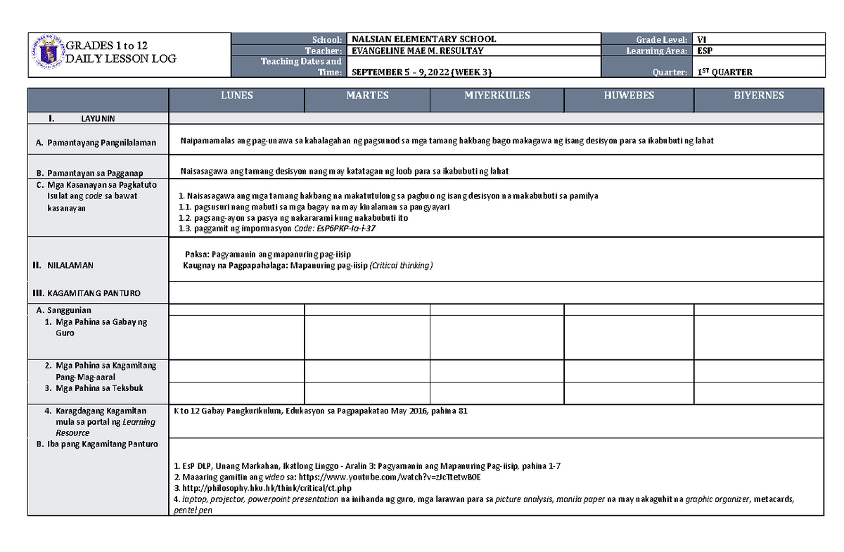 DLL Edukasyon SA Pagpapakatao 6 Q1 W3 - Copy - GRADES 1 to 12 DAILY LESSON LOG School: NALSIAN ...