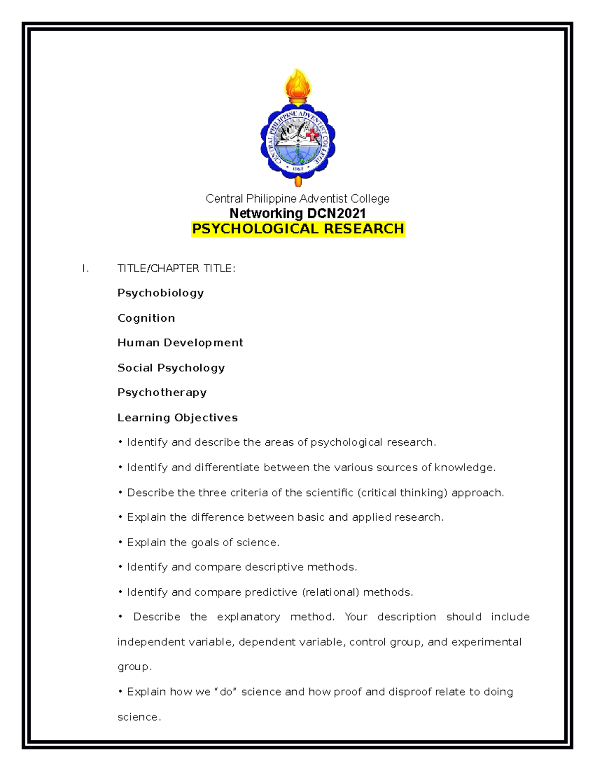 Psychological Research - Central Philippine Adventist College ...