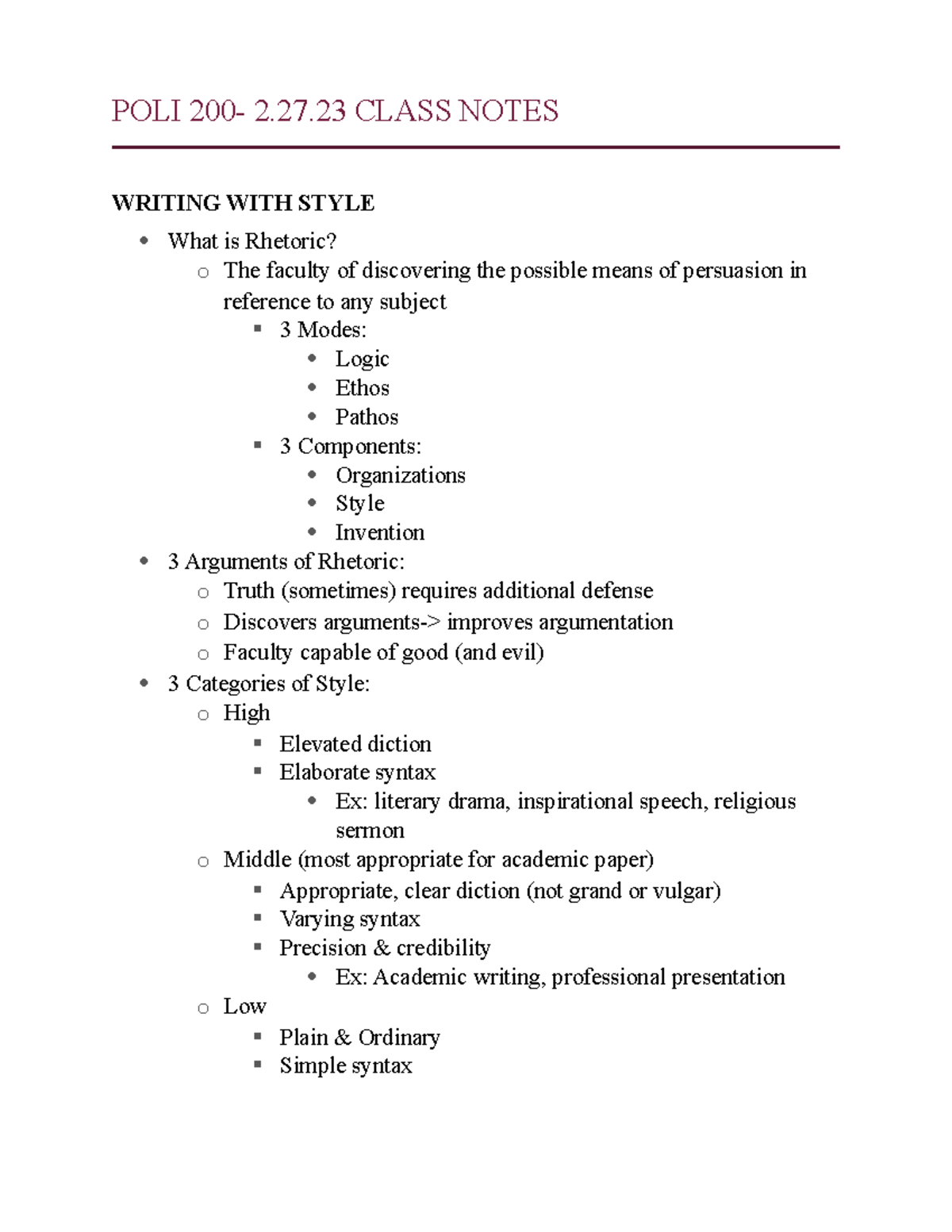 POLI 200 2.27.23 Class Notes - POLI 200- 2.27 CLASS NOTES WRITING WITH ...
