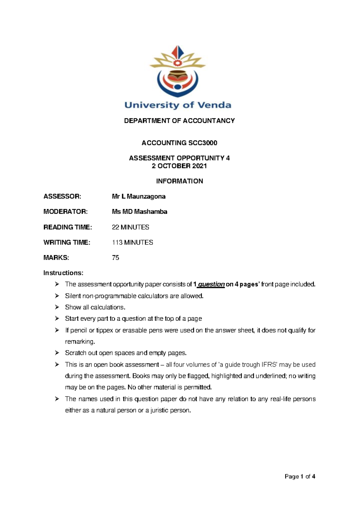 2021 Ass4 Information - Previous papers - DEPARTMENT OF ACCOUNTANCY ...