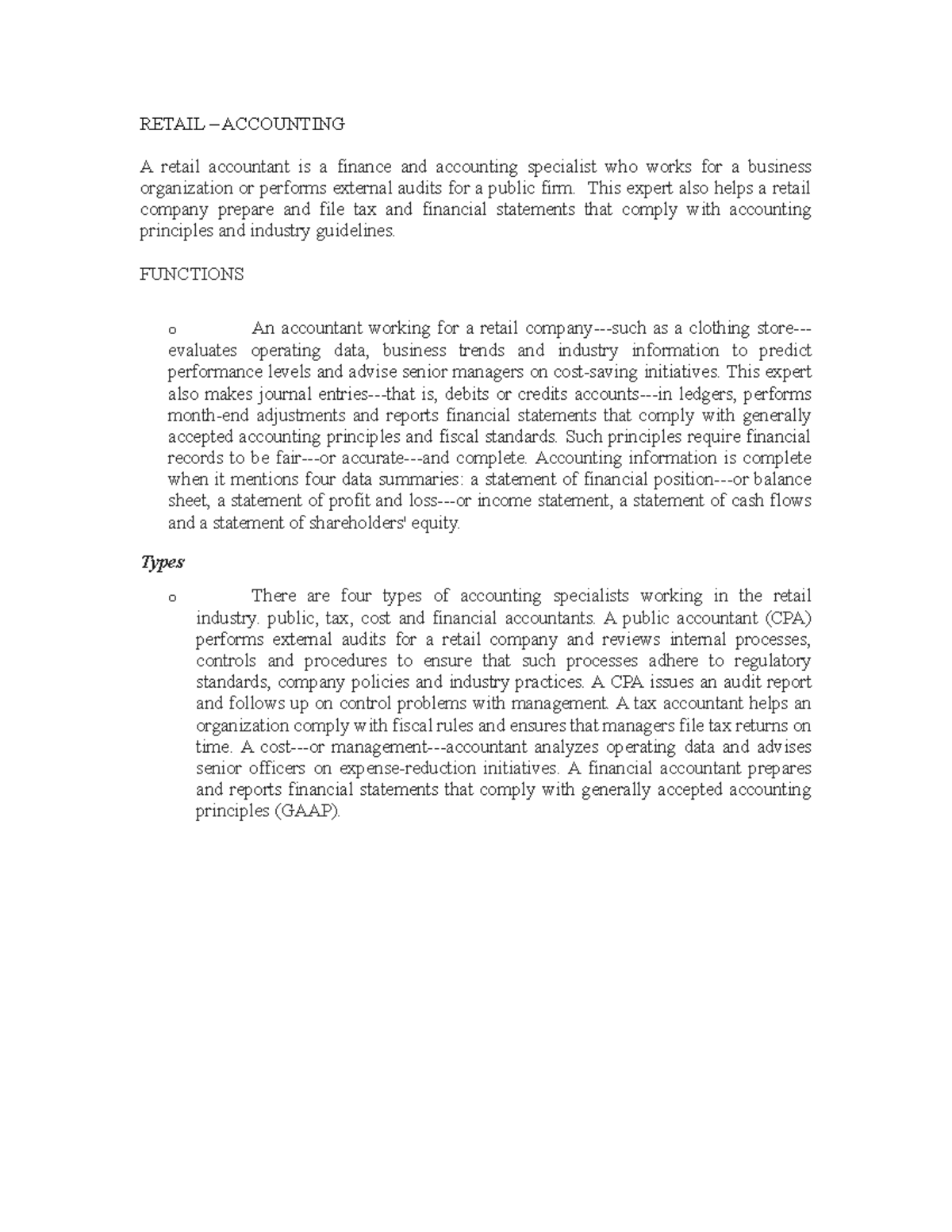 ANBU Retail ACCT - RETAIL – ACCOUNTING A retail accountant is a finance ...