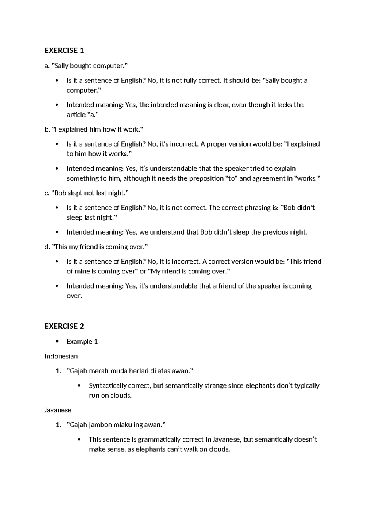 Assignment Syntax & Semantics - EXERCISE 1 a. "Sally bought computer." Is it a sentence - Studocu