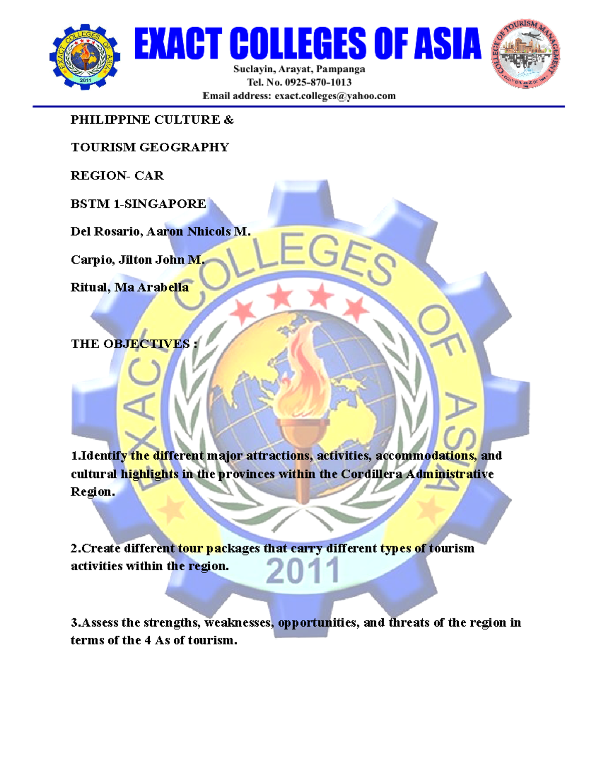 CAR-1 - CAR report - PHILIPPINE CULTURE & TOURISM GEOGRAPHY REGION- CAR ...