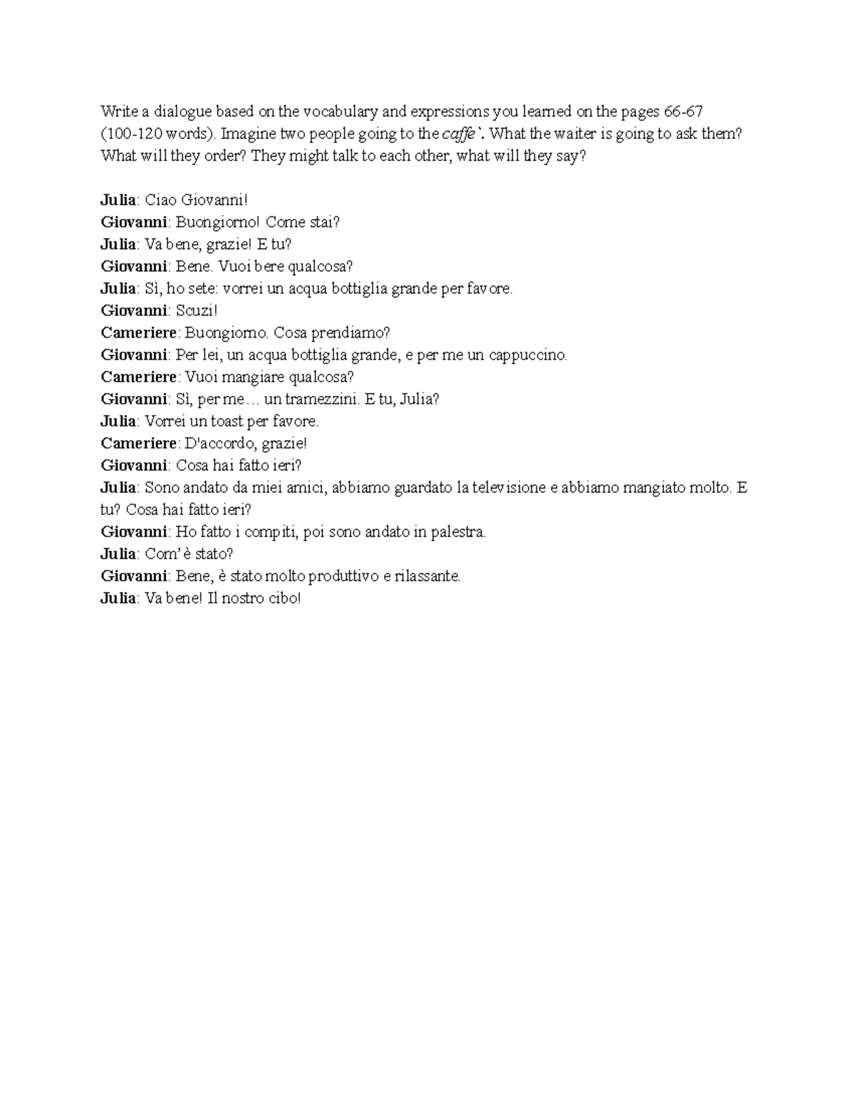 Italian "Al Bar"- Scrittura - Write a dialogue based on the vocabulary ...