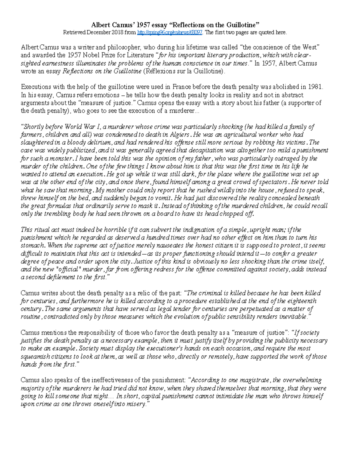 Crimes and Justice - notes - Albert Camus’ 1957 essay “Reflections on ...