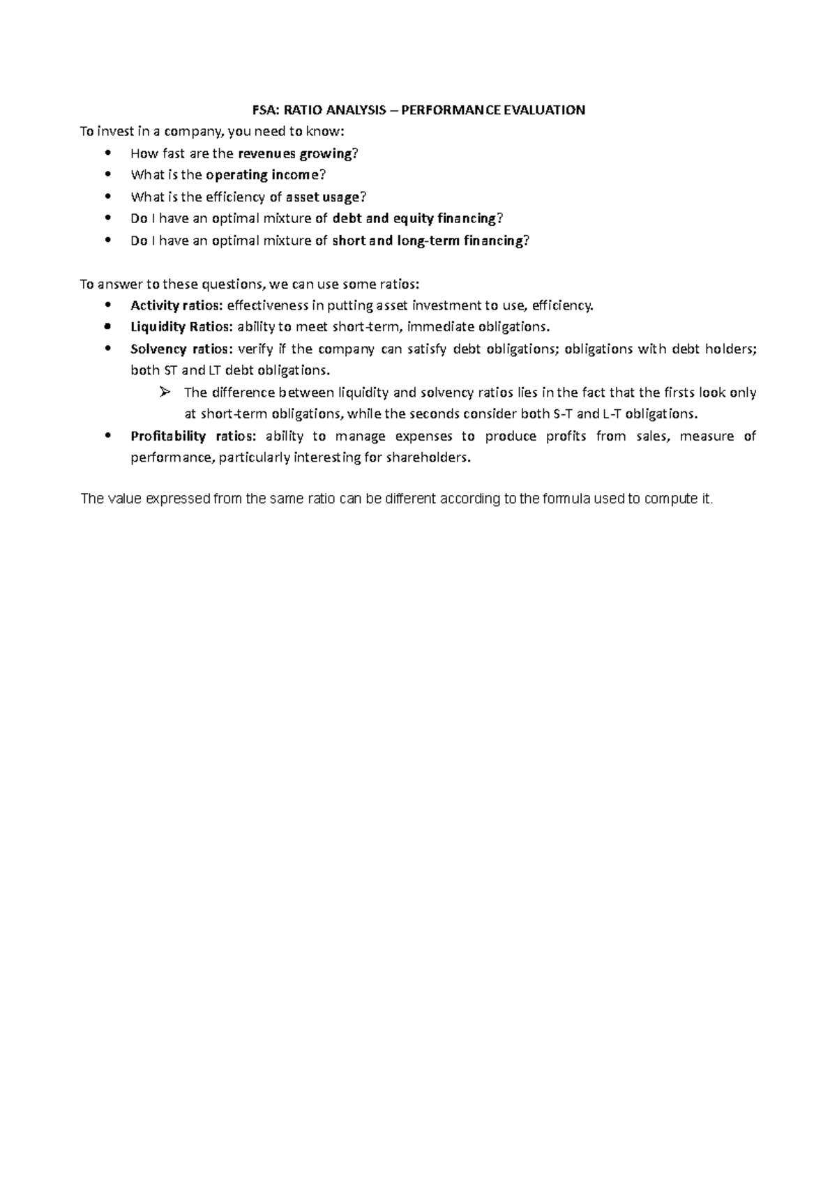 Section 2 - Ryanair case and performance evaluation - FSA: RATIO ...