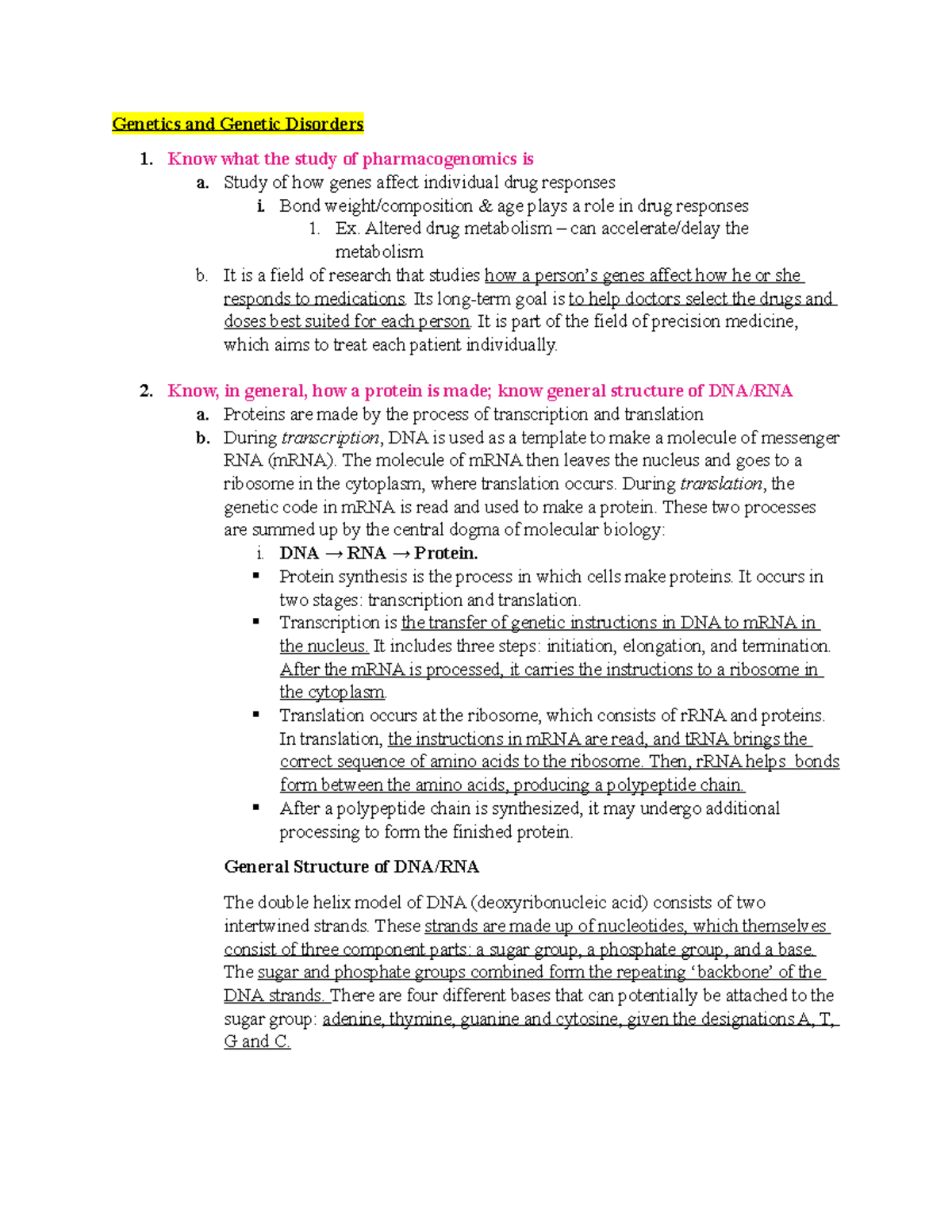NURS 421 Exam 1 Study Guide - Genetics and Genetic Disorders Know what ...