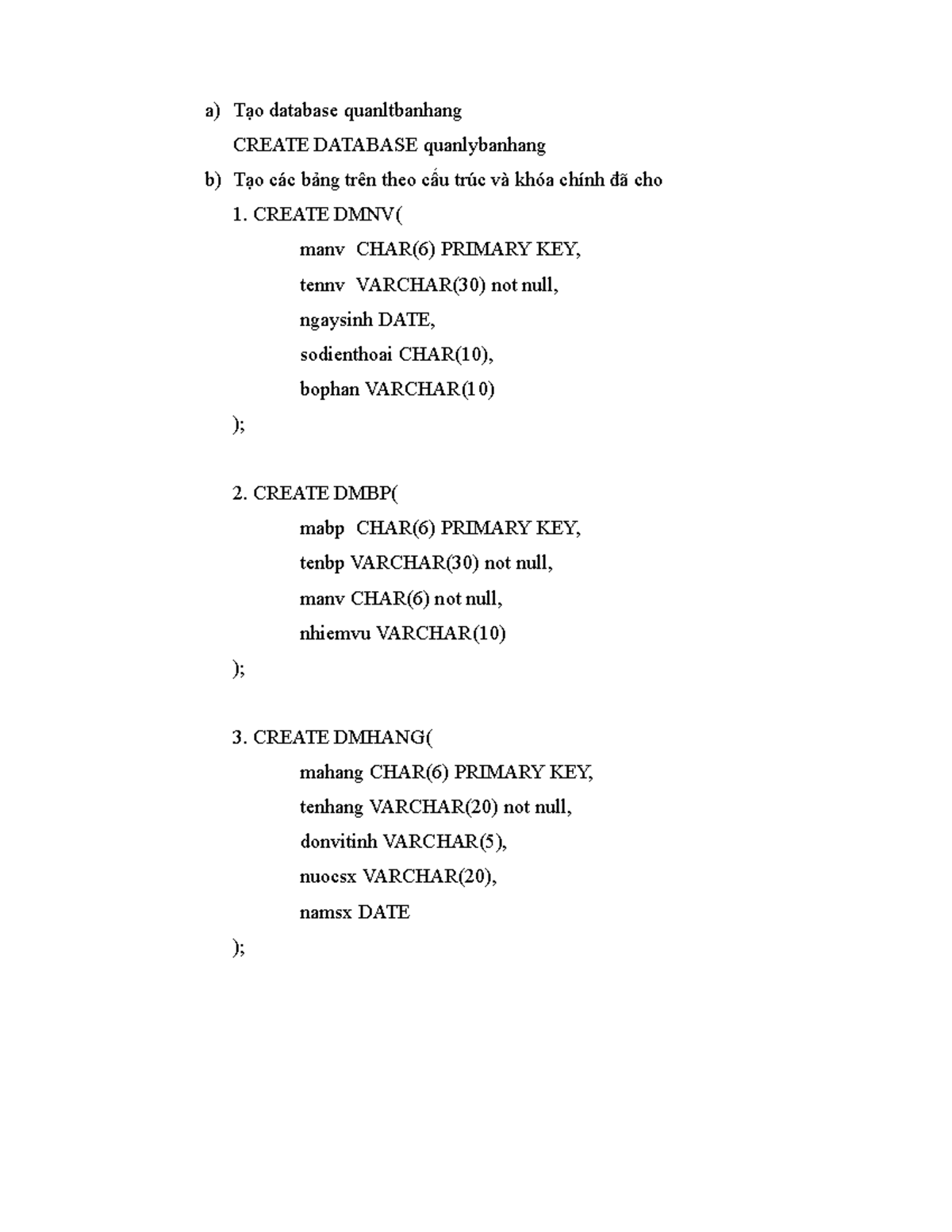 BTCN5 cơ sở dữ liệu - a) Tạo database quanltbanhang CREATE DATABASE quanlybanhang b) Tạo các ...