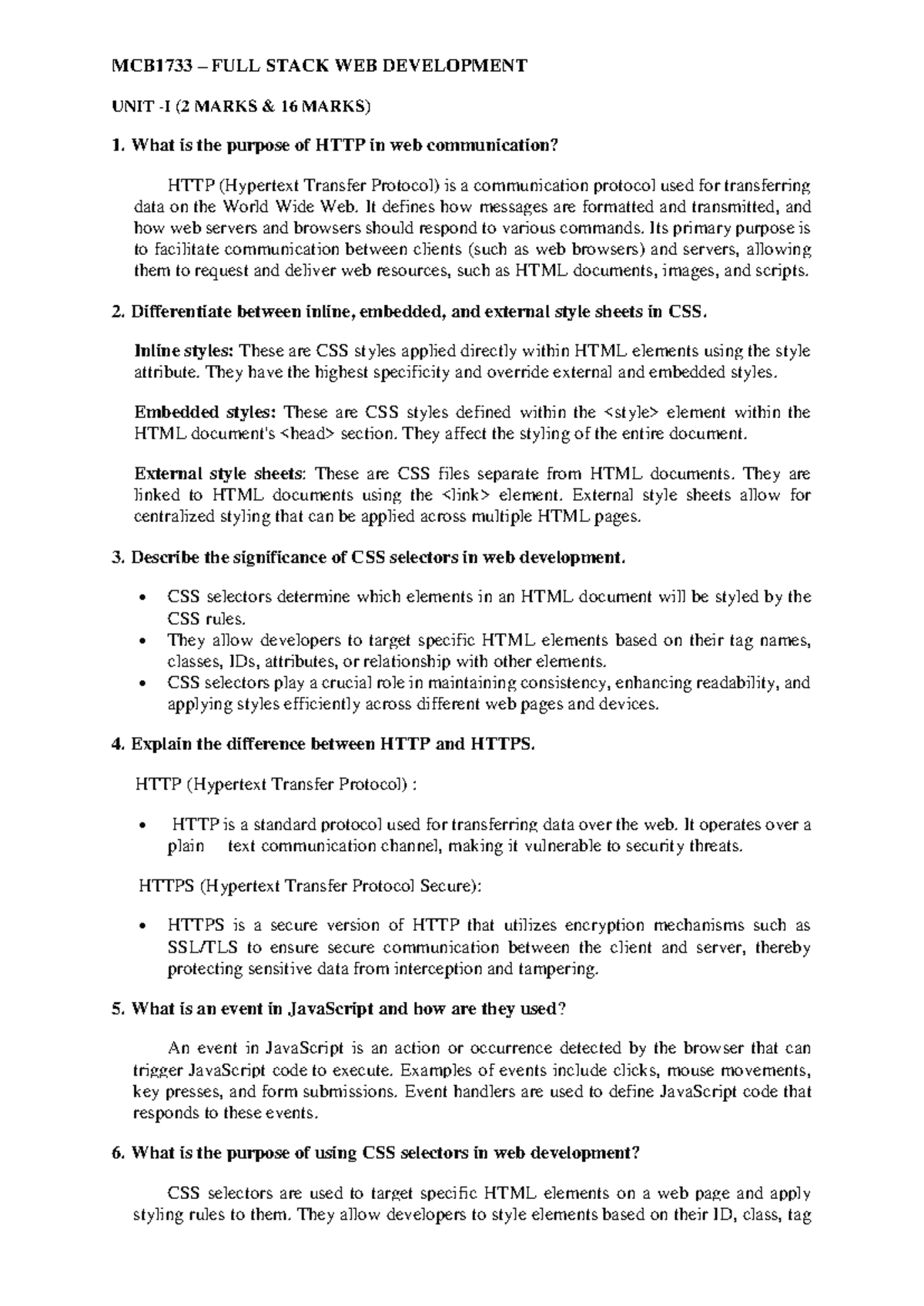 2Marks(FULL Stack)-CF - MCB1733 – FULL STACK WEB DEVELOPMENT UNIT - I ...