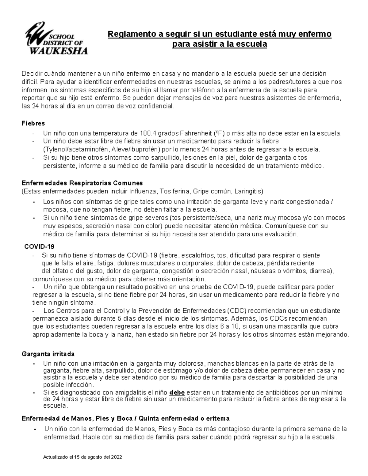 Too Sick for School Guidelines Spanish - Updated Aug 15th 2022 ...