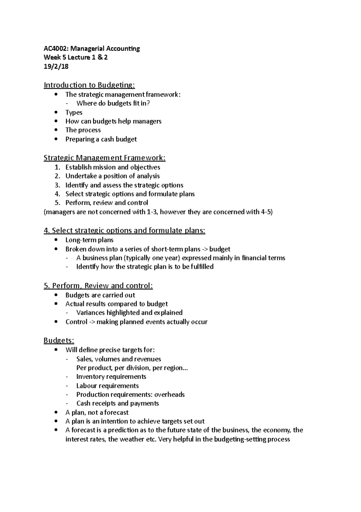 Week 5 Lecture 1 2 AC4002 - AC4002: Managerial Accounting Week 5 Lecture 1 & 2 19/2/18 - Studocu
