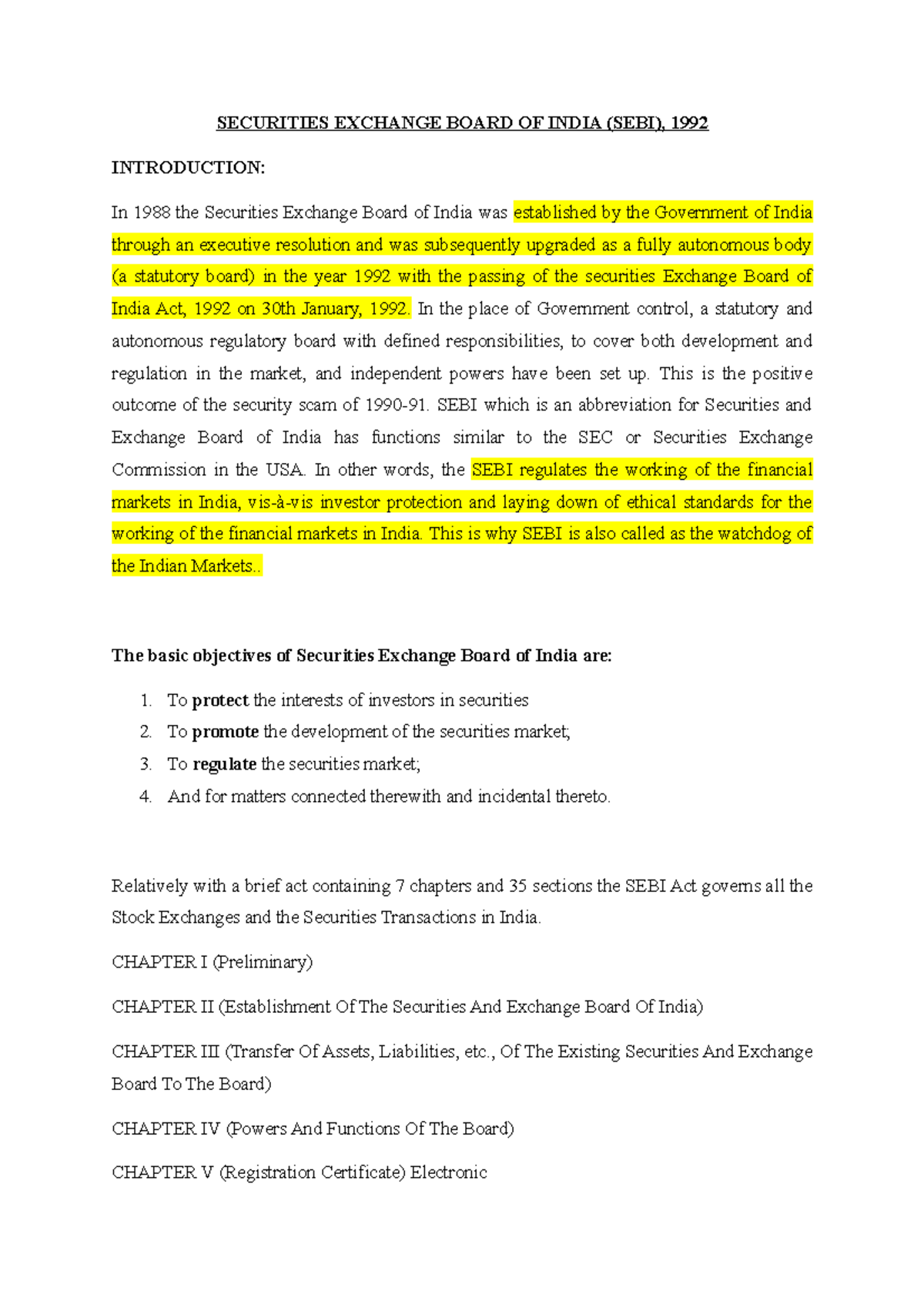 A Synopsis about SEBI Act - Investment and Competition Law0 LLB 308 ...