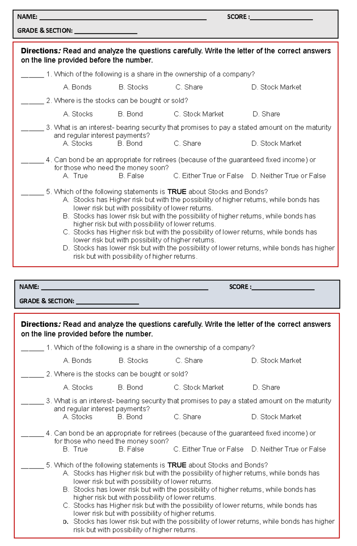Assessment - Directions: Read and analyze the questions carefully ...