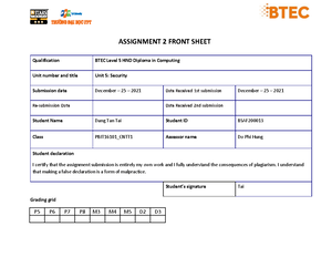 Unit 5 - Assignment 2 frontsheet - ASSIGNMENT FRONT SHEET Qualification BTEC Level 5 HND Diploma ...