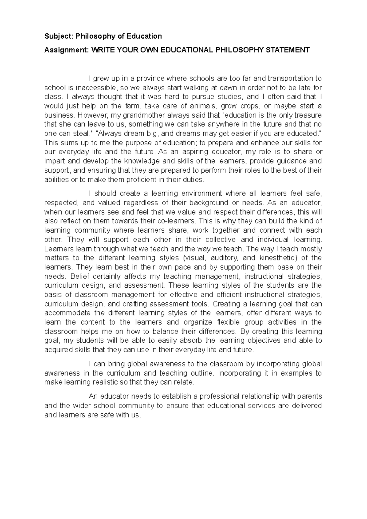 Philosophy of Education - Subject: Philosophy of Education Assignment ...