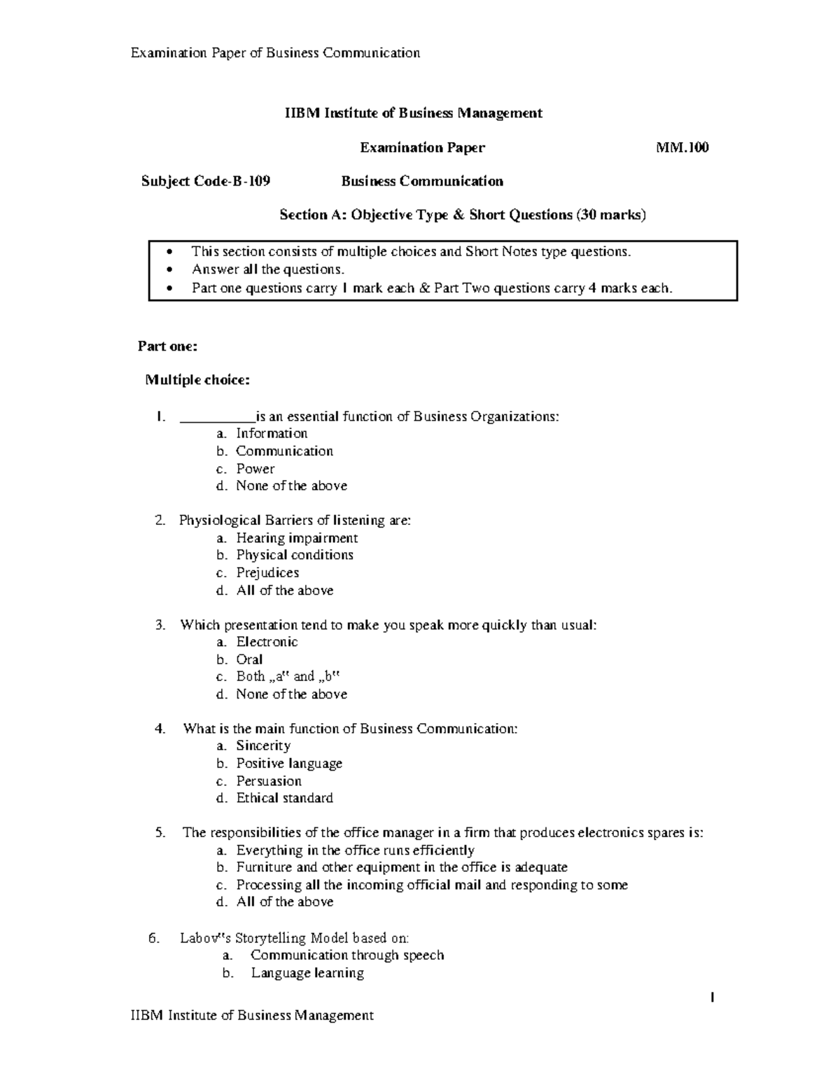 Examination Paper of Business Communicat - 1 IIBM Institute of Business Management Examination ...