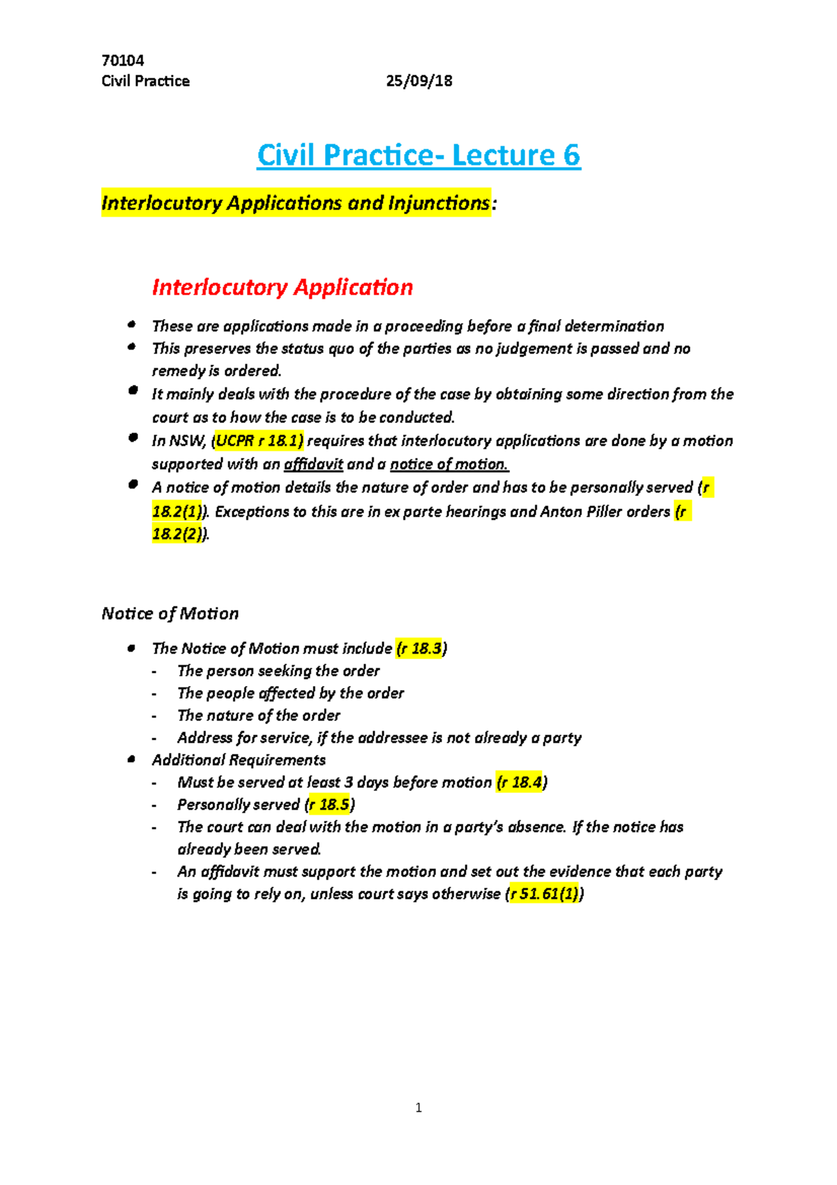 Lecture 6- 25 September 2018 70104 Civil Practice - Civil Pracice 25/09 ...
