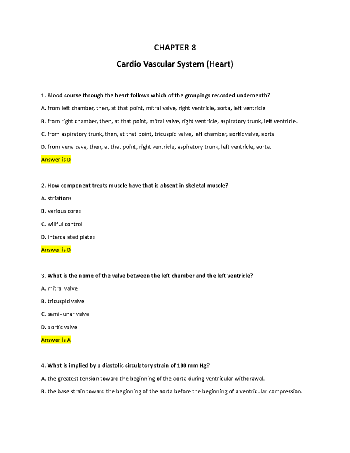 Chapter 8 Cardio Vascular System (Heart) - CHAPTER 8 Cardio Vascular ...