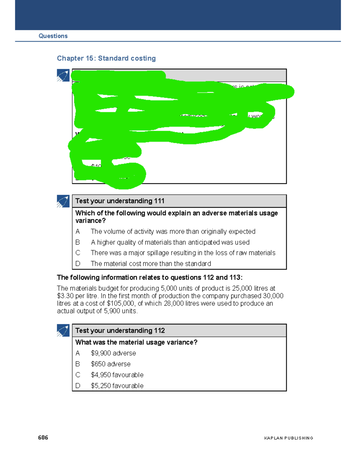 Chapter 15 material cost variance - Questions 606 KAPLAN PUBLISHING ...