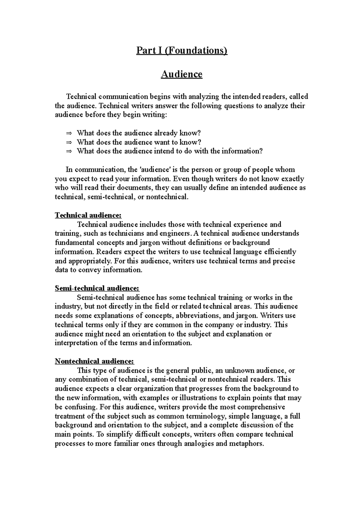 Technical Writing Notes - Part I (Foundations) Audience Technical ...