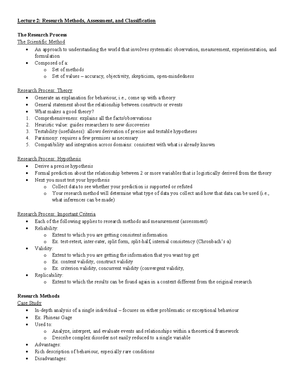 PSY240 Lecture 2 - notes - Lecture 2: Research Methods, Assessment, and ...