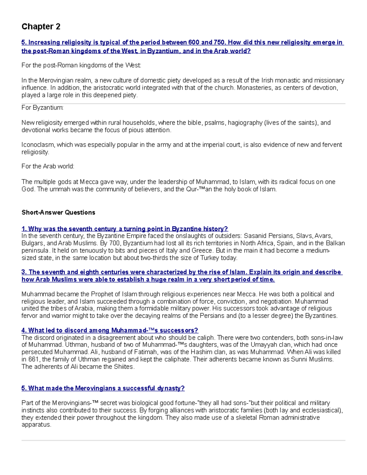 Chapter 2 Middle AGES - Chapter 2 5. Increasing religiosity is typical ...