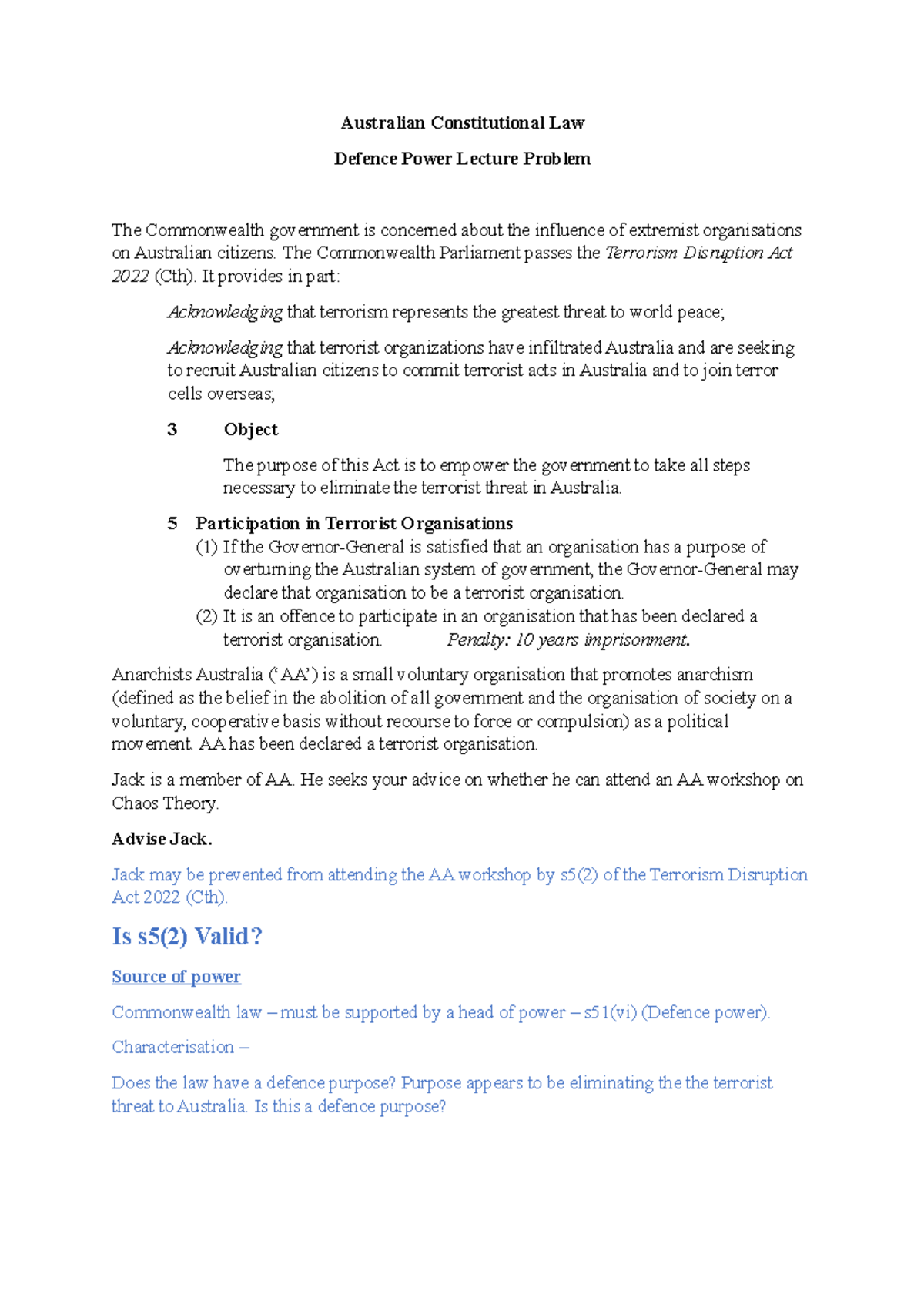 Defence power lecture problem 2022 - Australian Constitutional Law ...