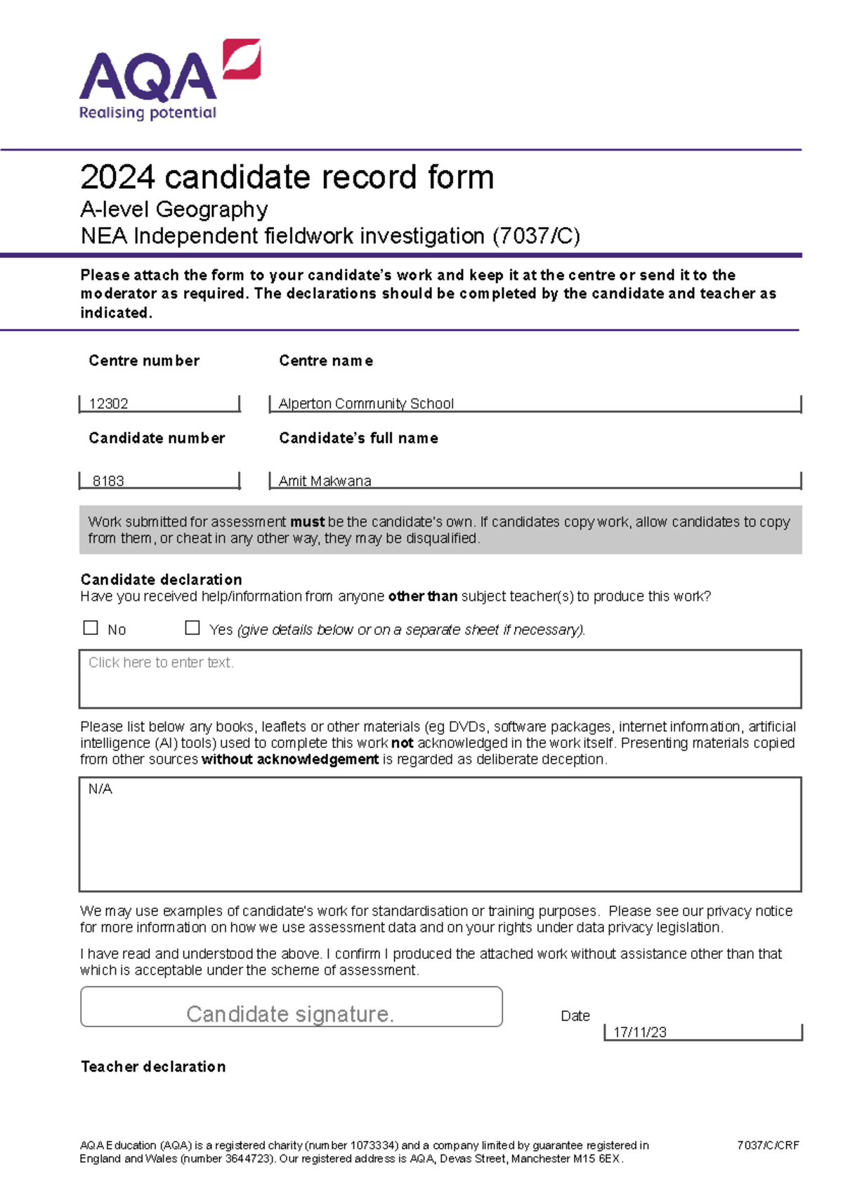 AQA-7037C-CRF-24 - Notes - 2024 candidate record form A-level Geography ...