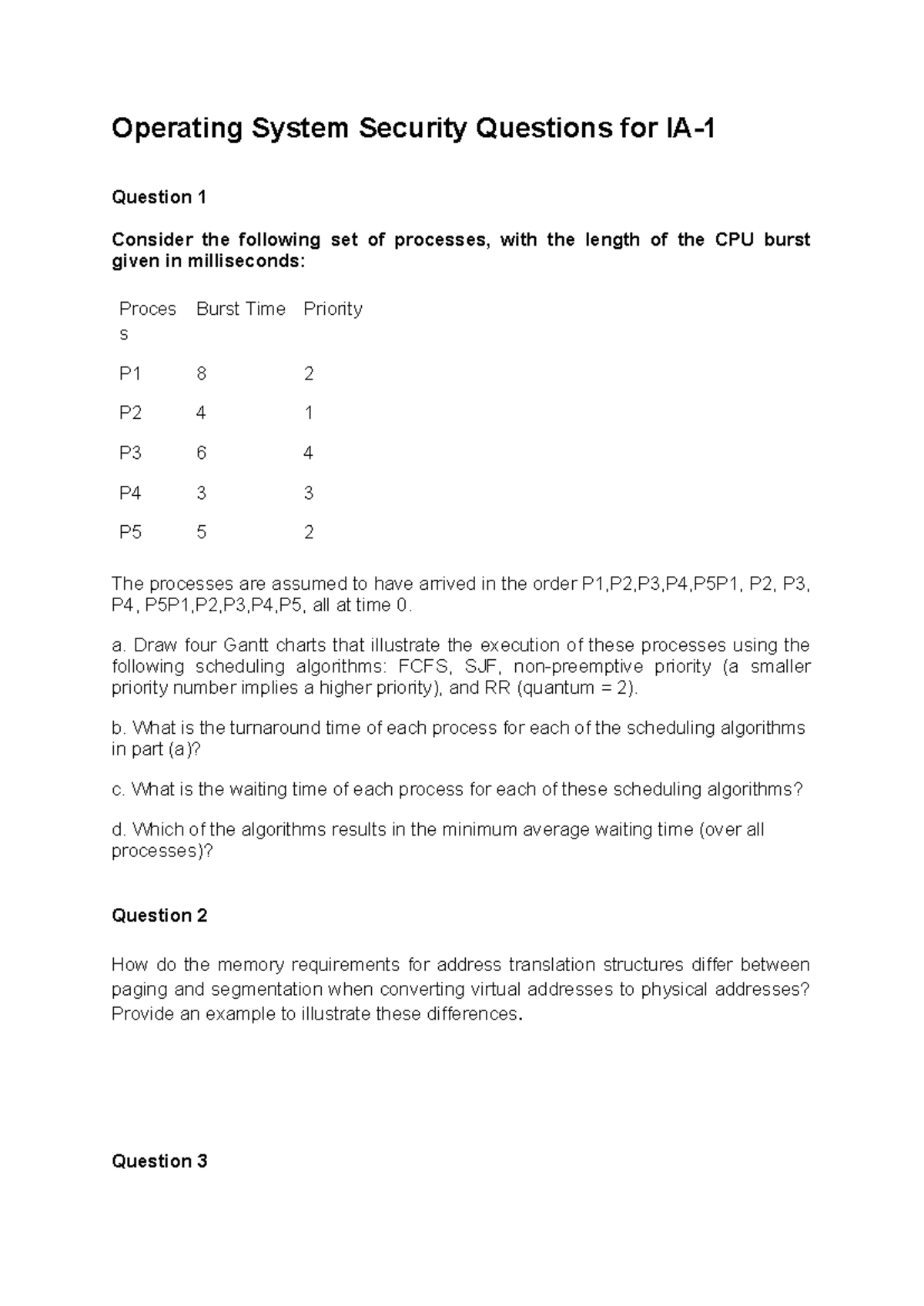 Operating System Security Questions for IA-1 - Operating System ...