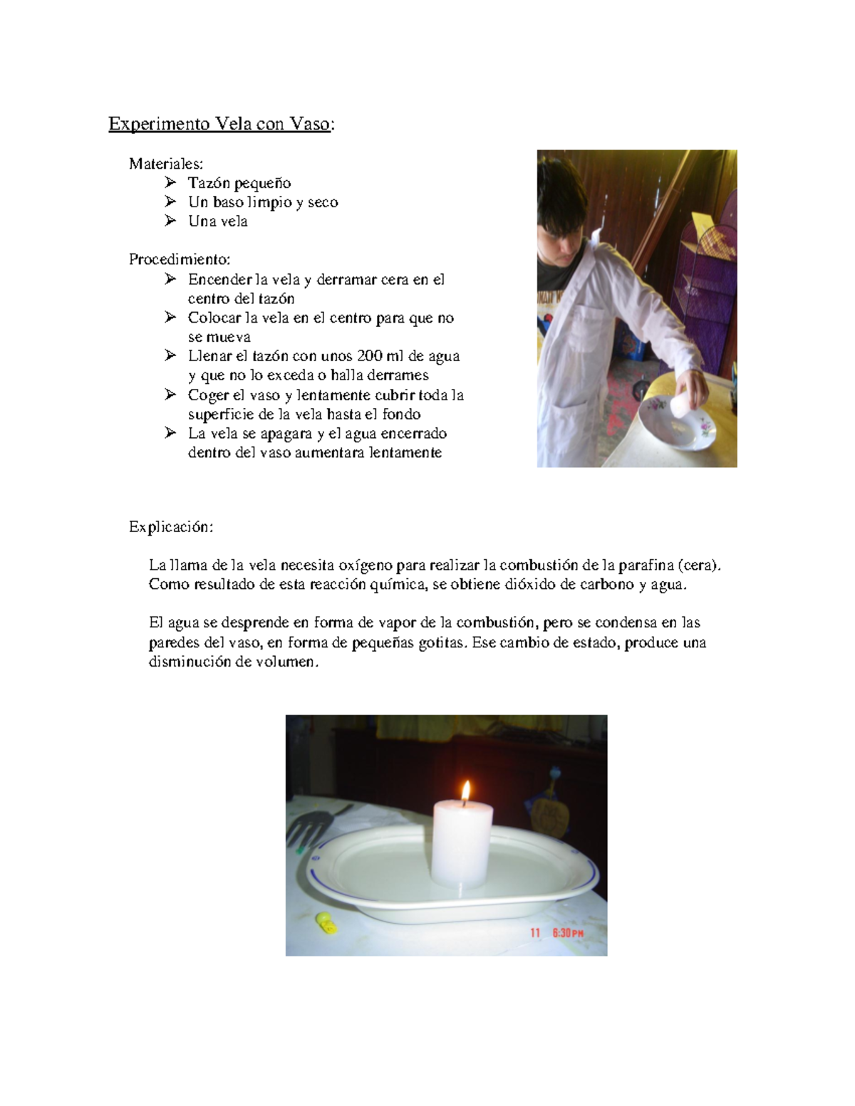 Scribd - Experimento Vela con Vaso: Materiales: Tazón pequeño Un baso limpio y seco Una vela ...