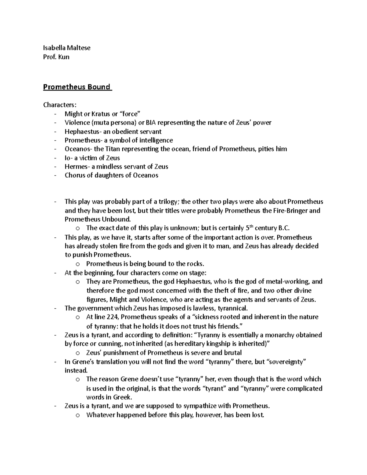 Prometheus Bound Notes - Isabella Maltese Prof. Kun Prometheus Bound ...