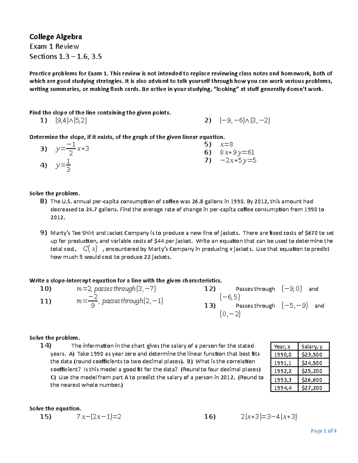Exam 1 Review - examples - College Algebra Exam 1 Review Sections 1 – 1 ...