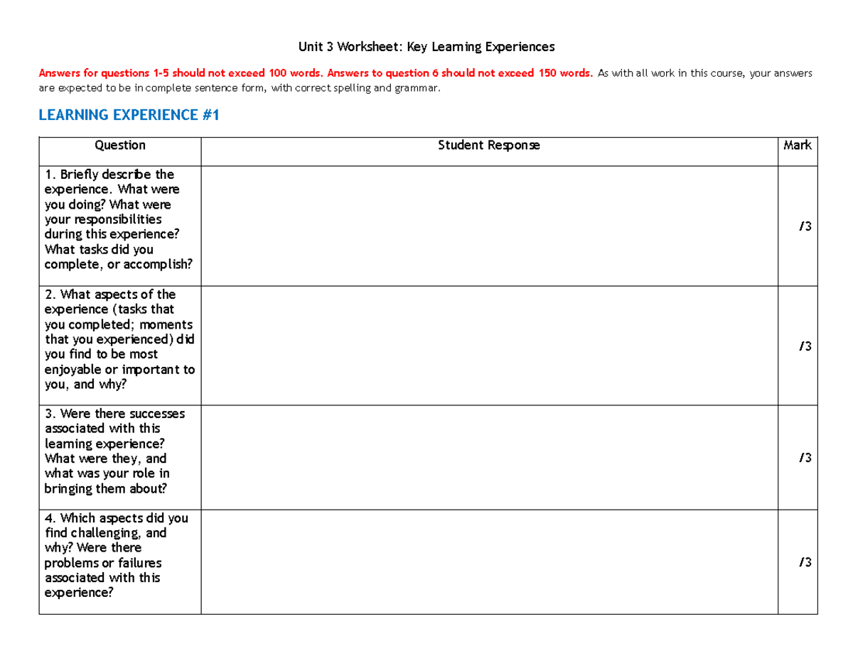 Unit Three Worksheet Significant Learning Experiences- Unit 3 Worksheet ...