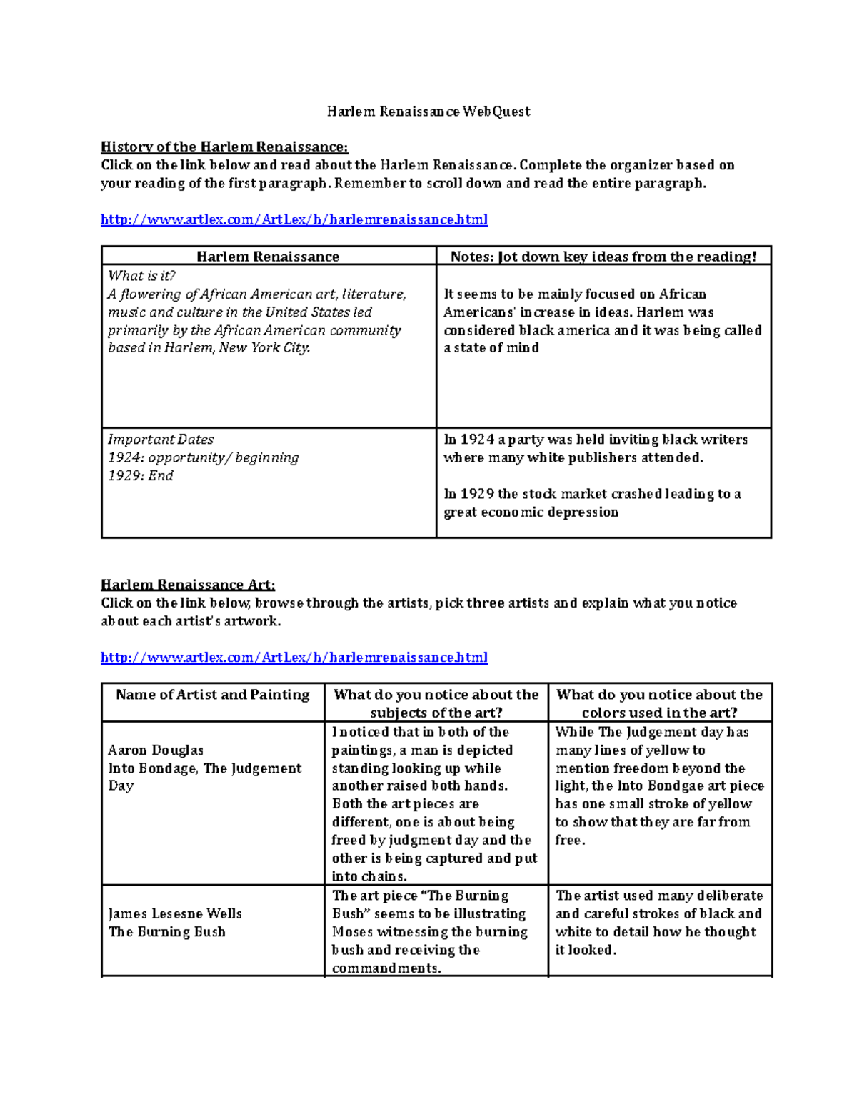 Copy of Harlem Renaissance Webquest - Harlem Renaissance WebQuest ...