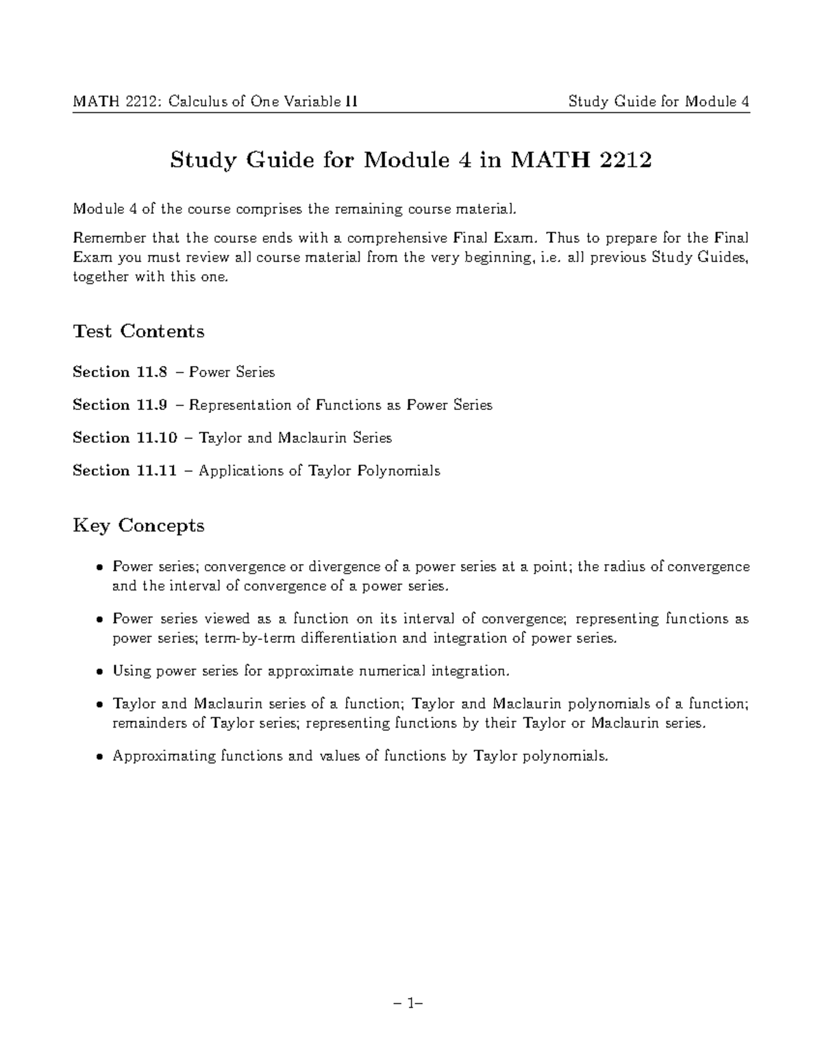 Study Guide (MATH-2212) - Module 4 - Study Guide for Module 4 in MATH 2212 Module 4 of the ...