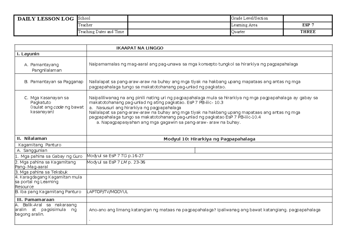 DLL-ESP 7- Ikaapat na Linggo - DAILY LESSON LOG School Grade Level ...