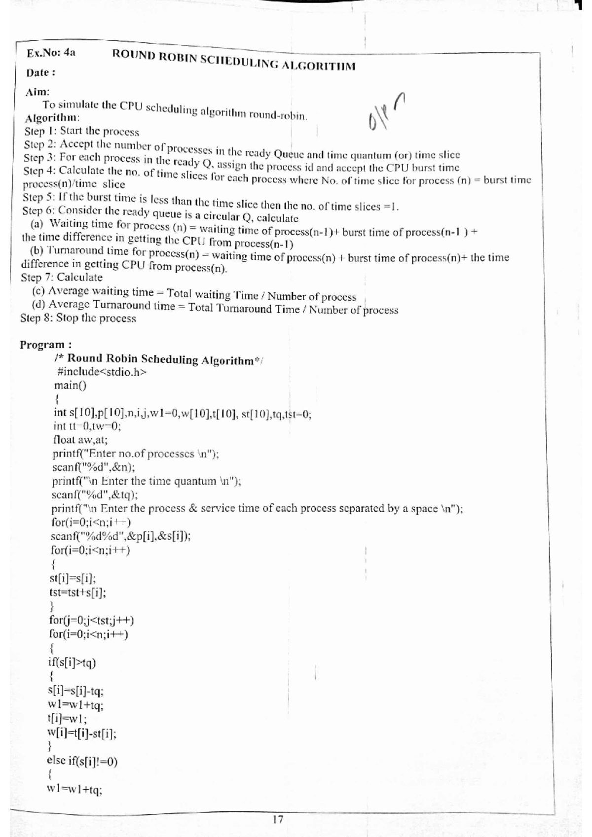 Os lab exercise 4 - Ex: 4a ROUND ROBIN SCHEDULING ALGORITIM Date : Aim ...
