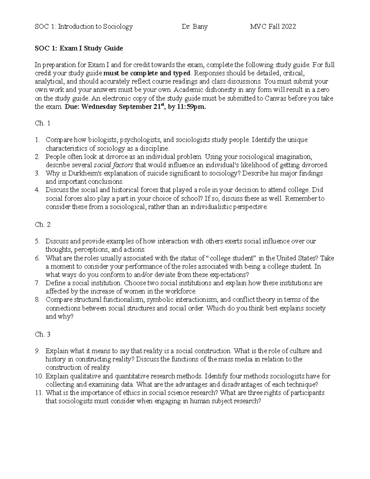 SOC 1 Exam I Study Guide - coursework - SOC 1: Introduction to ...