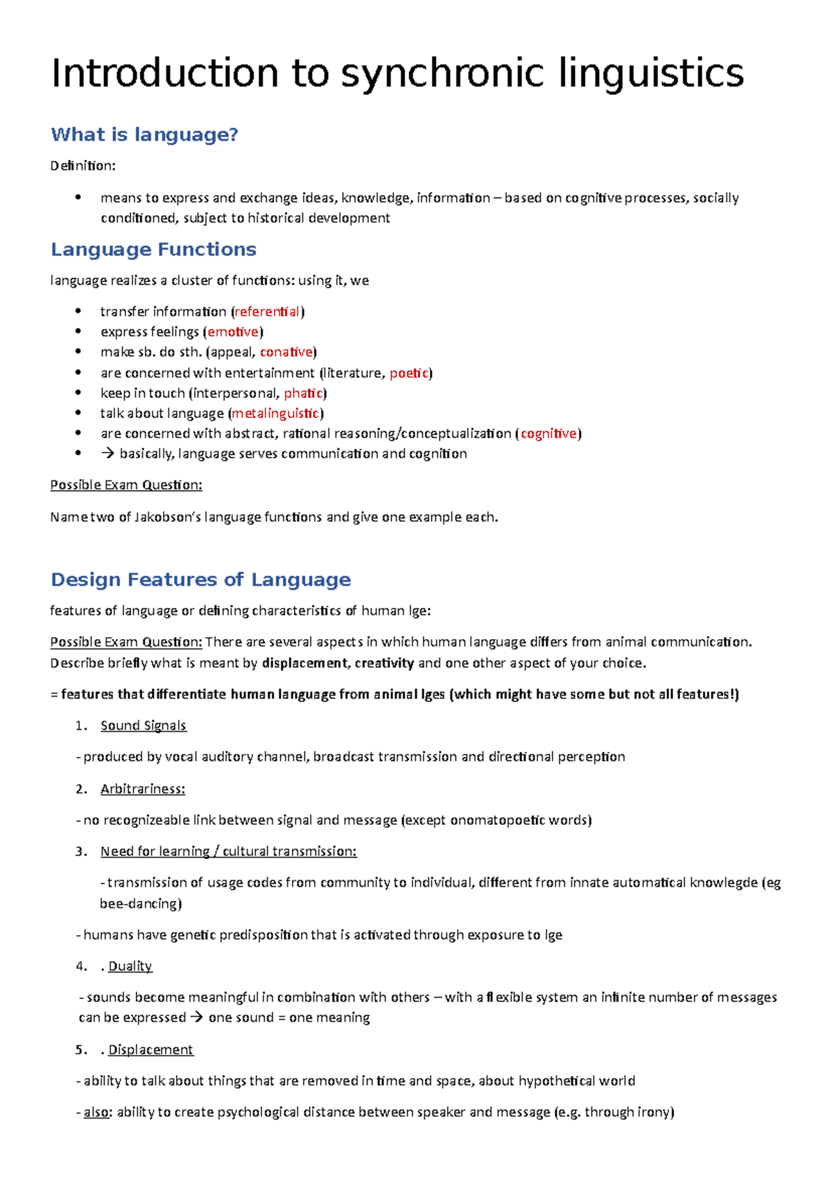 Englisch Zusammenfassung - Introduction to synchronic linguistics What ...
