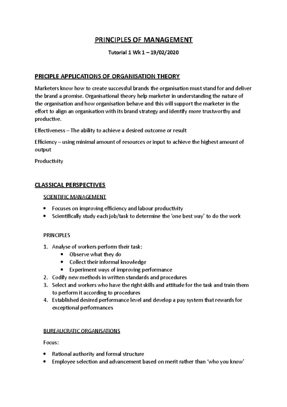 POM Notes - Tutorial 1 - PRINCIPLES OF MANAGEMENT Tutorial 1 Wk 1 – 19 ...