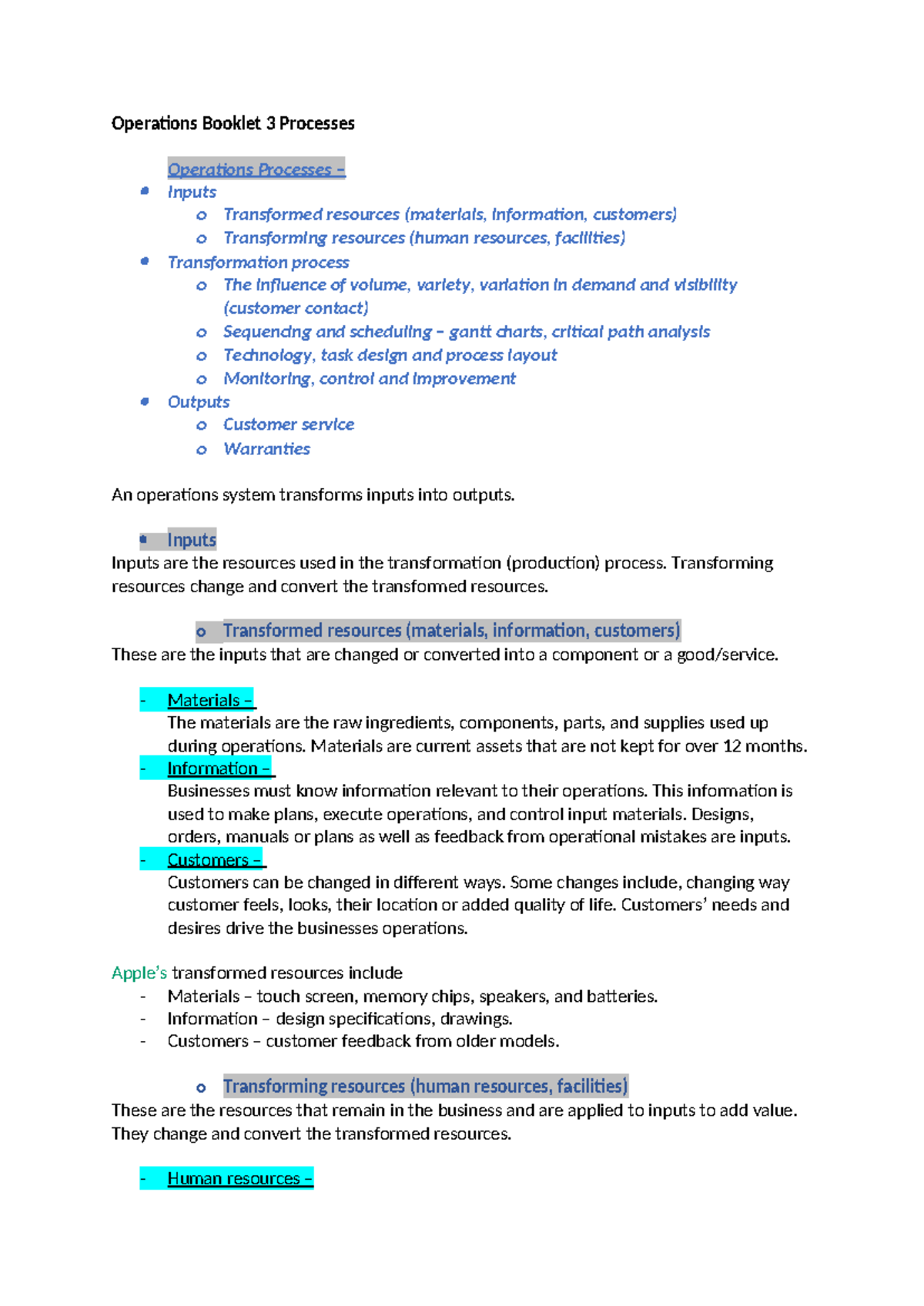 Operations - Processes - Operations Booklet 3 Processes Operations Processes – Inputs o - Studocu