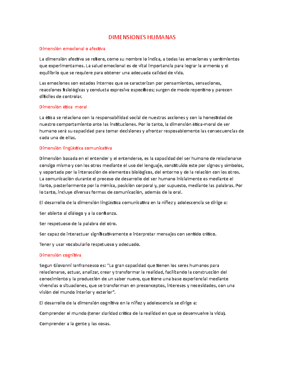 Dimensiones Humanas - DIMENSIONES HUMANAS Dimensión emocional o ...