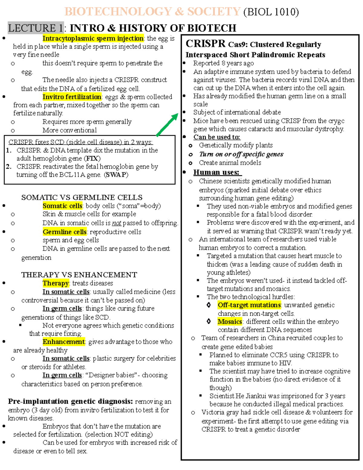 Biotechnology - Lecture 1 notes - BIOTECHNOLOGY & SOCIETY (BIOL 1010 ...
